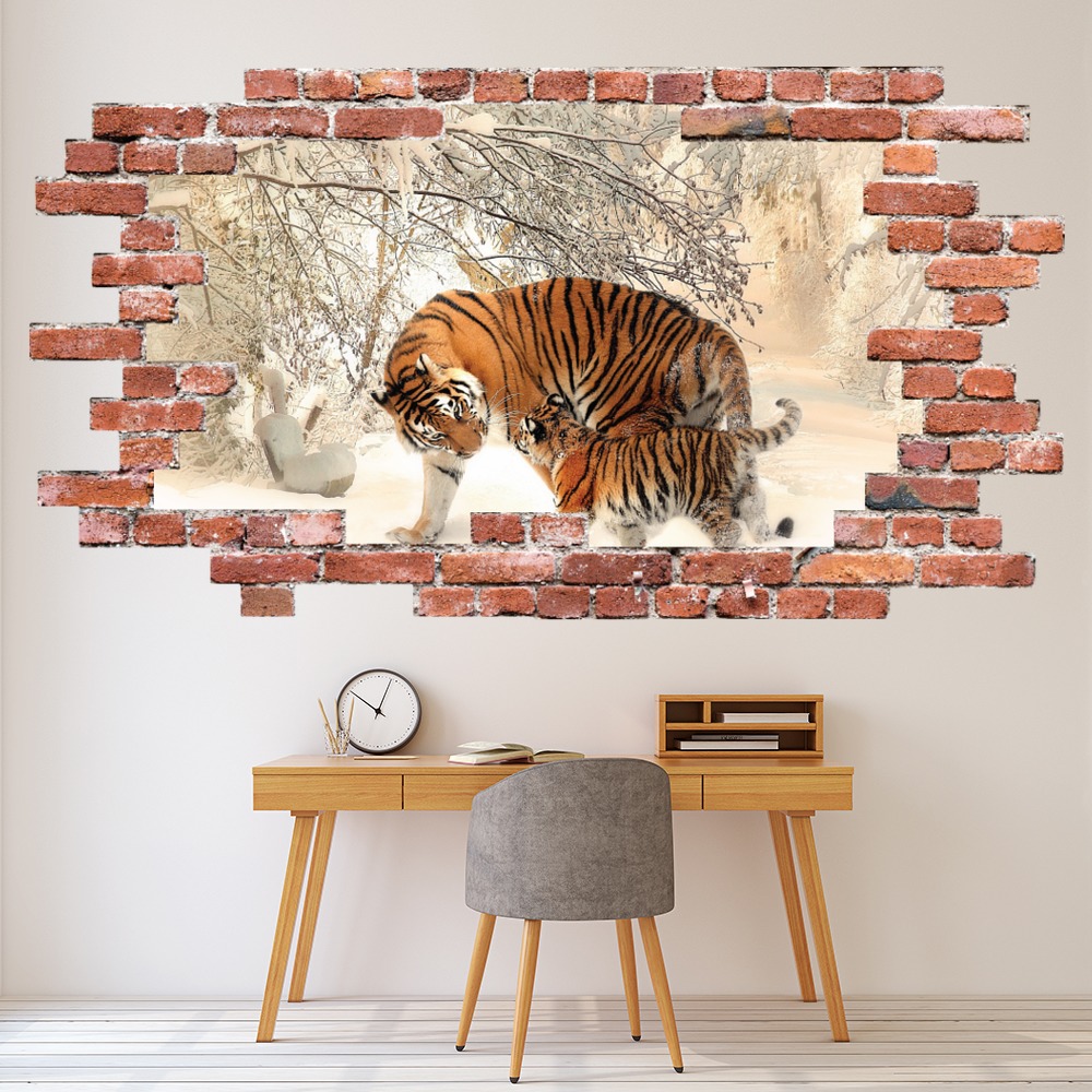 Tiger & Cub Red Brick 3D Hole In The Wall Sticker - Mod1 | Icon Wall ...